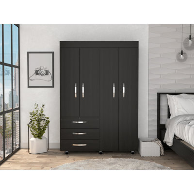 Latitude Run Denver Mobile Armoire with Rods Double Door Cabinet 3 Drawers and 2 Shelves Black Wenge Reviews Wayfair